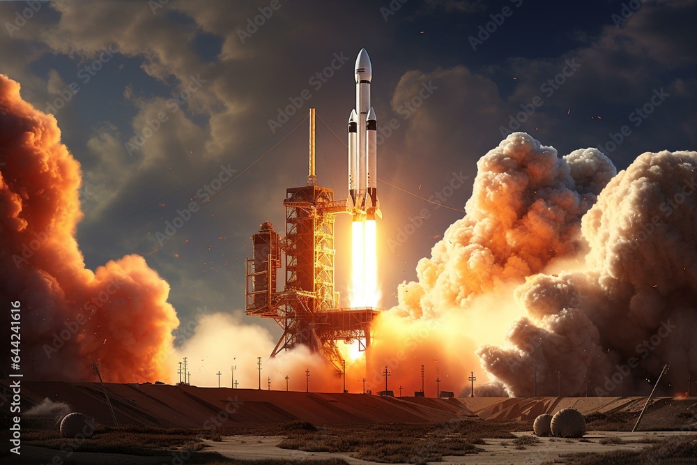Digital illustration of SpaceX Falcon 9 rocket and capsule launching ...