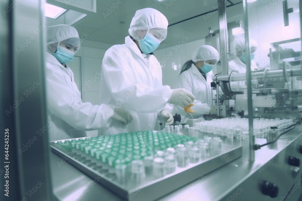Medical vials production line: people with sanitary gloves and personal ...