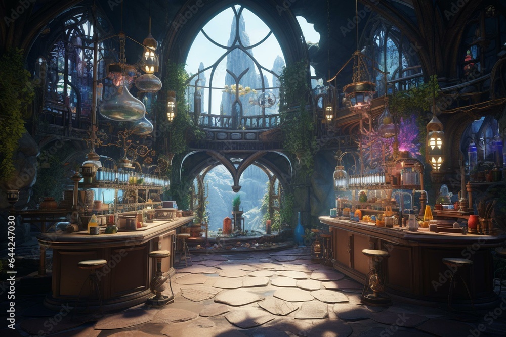 A mystical laboratory filled with vivid details and vibrant color-coded ...