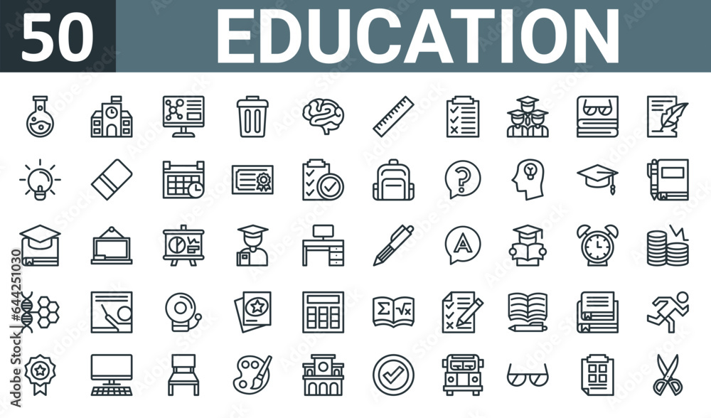 set of 50 outline web education icons such as chemistry, school ...