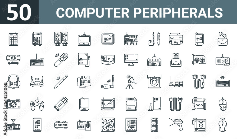 set of 50 outline web computer peripherals icons such as numeric, ups ...