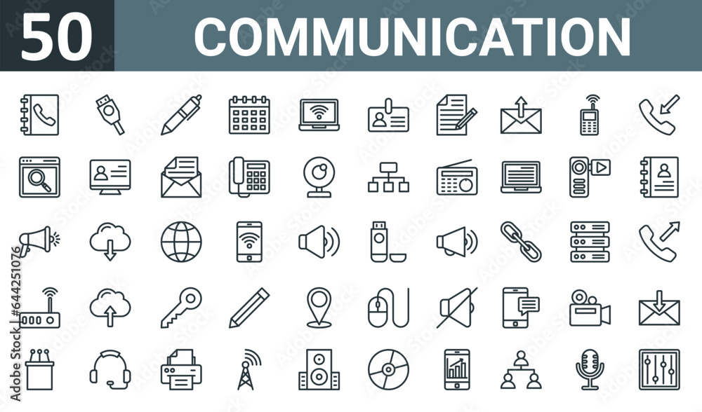 set of 50 outline web communication icons such as phone book, usb, pen ...