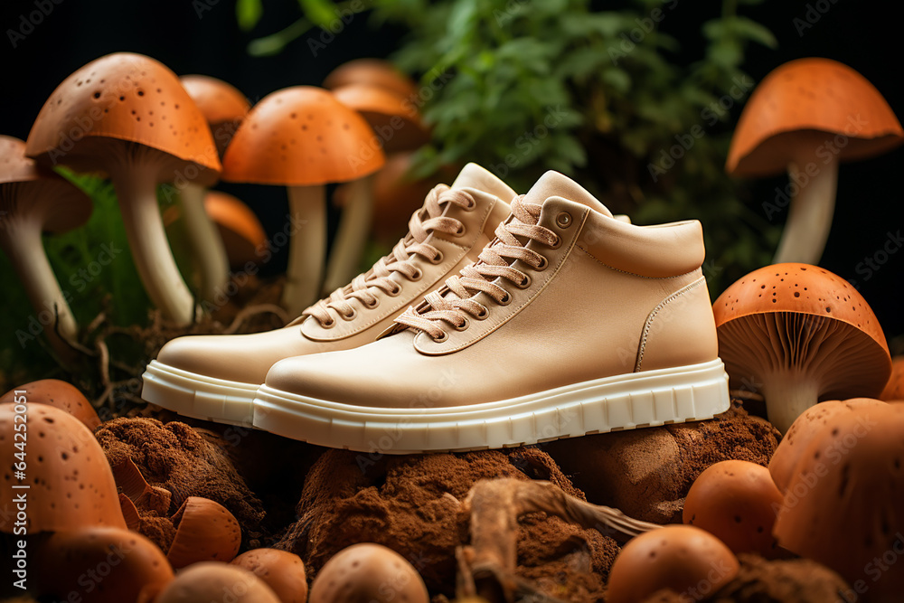 Vegan leather shoes from mushroom mycelium. samples of vegan bio ...