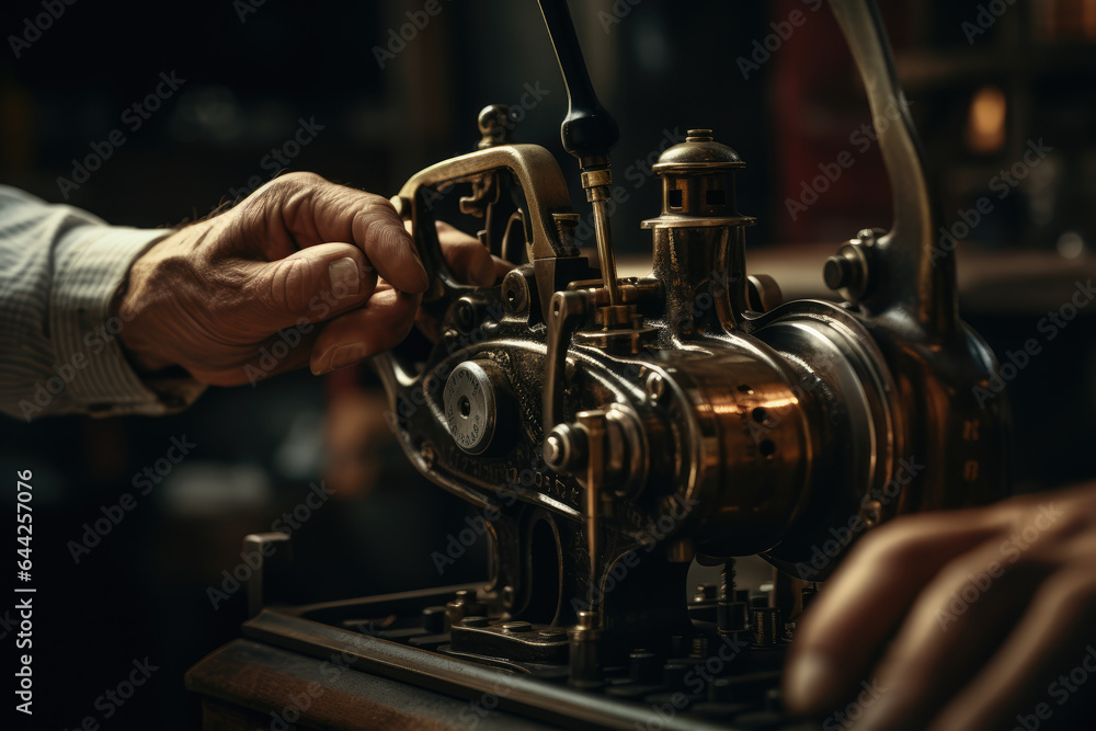A close-up of a person's hand turning the crank of an antique car from ...