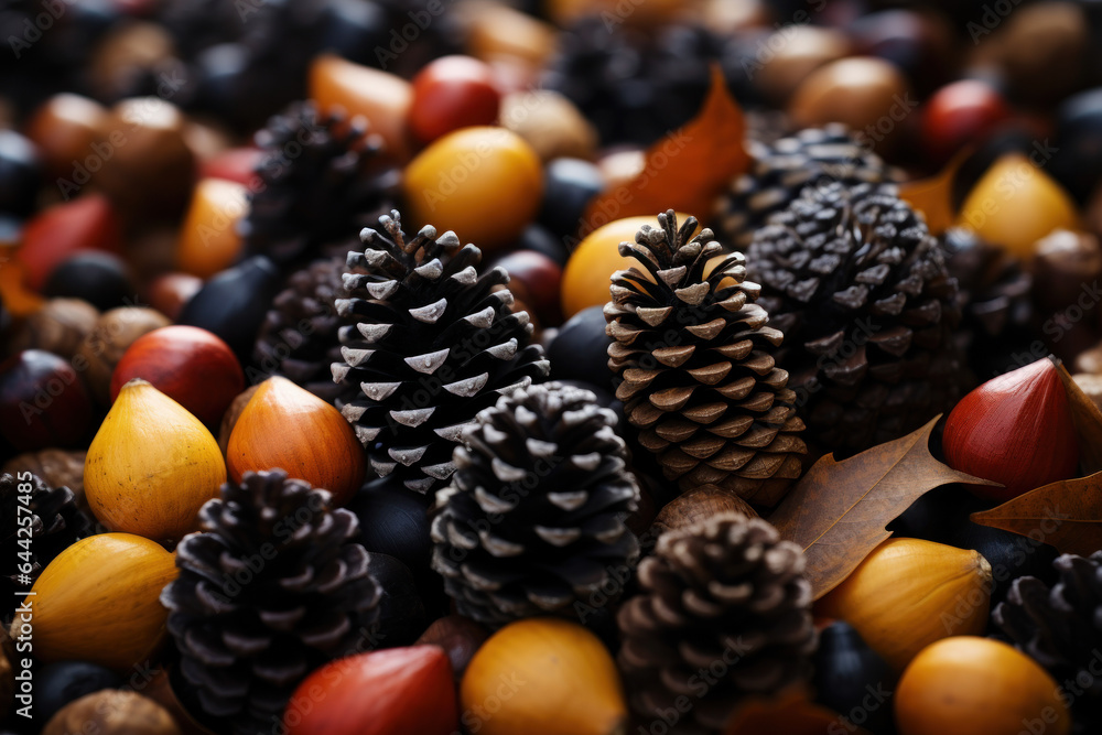 A cluster of acorns and pinecones rest on a bed of fallen leaves ...