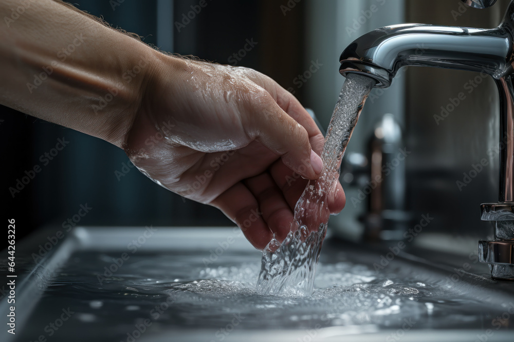 A close-up of a person's hand turning off the tap while brushing their ...