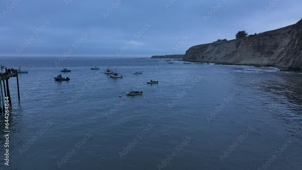 Aerial northern California Point Arena pier marina sunset 2. bay ...