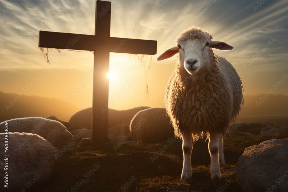 A lamb of god stands in front of Jesus' cross against a sunrise ...