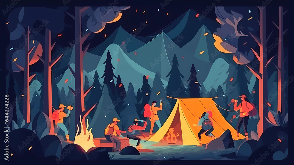 camping adventure in the forest with camper around bonfire, camping ...