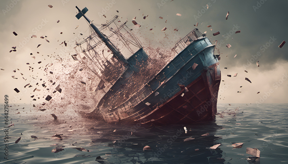 Sinking ship surrounded by debt and financial burdens, bankruptcy ...