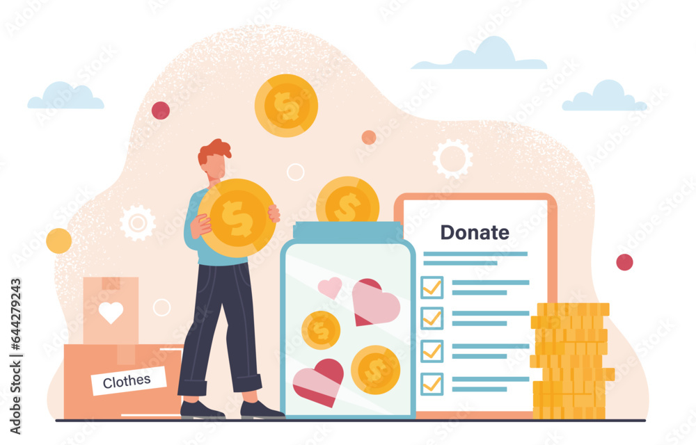 Man with donate concept. Young guy with golden coins near glass jar ...