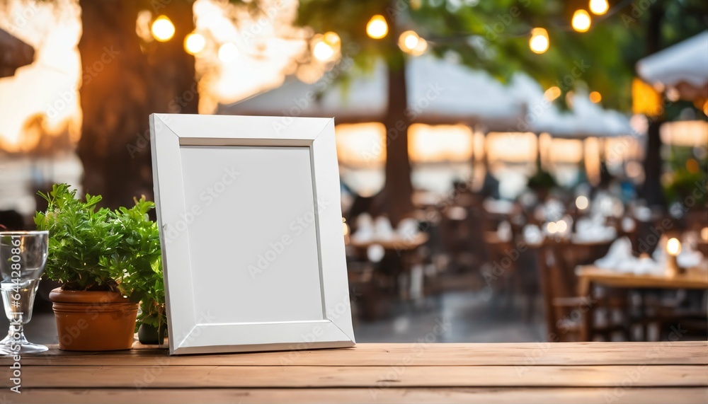 Wooden table with empty white paper frame poster for mockup, blurred ...
