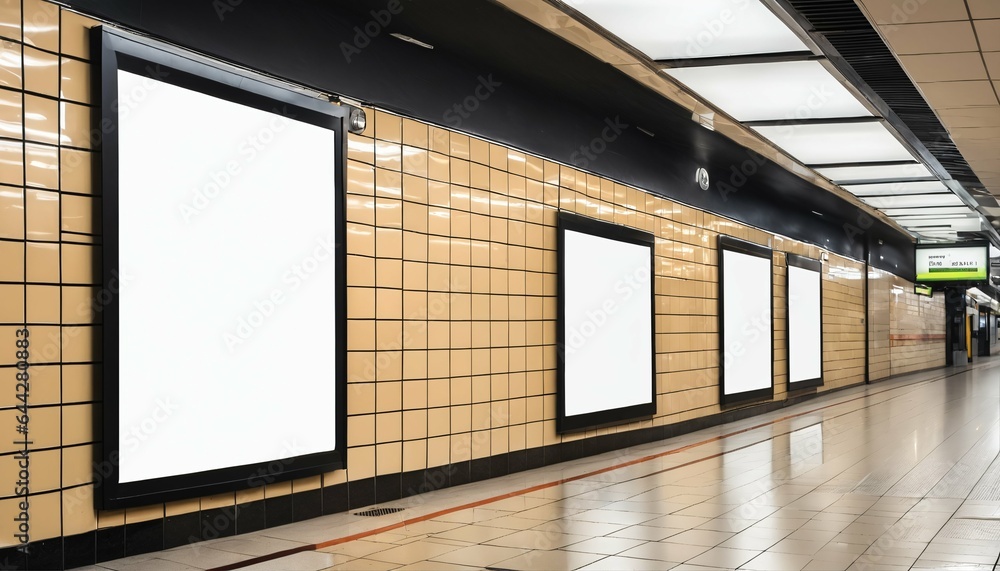 Blank white digital billboard black frame light box in subway station ...