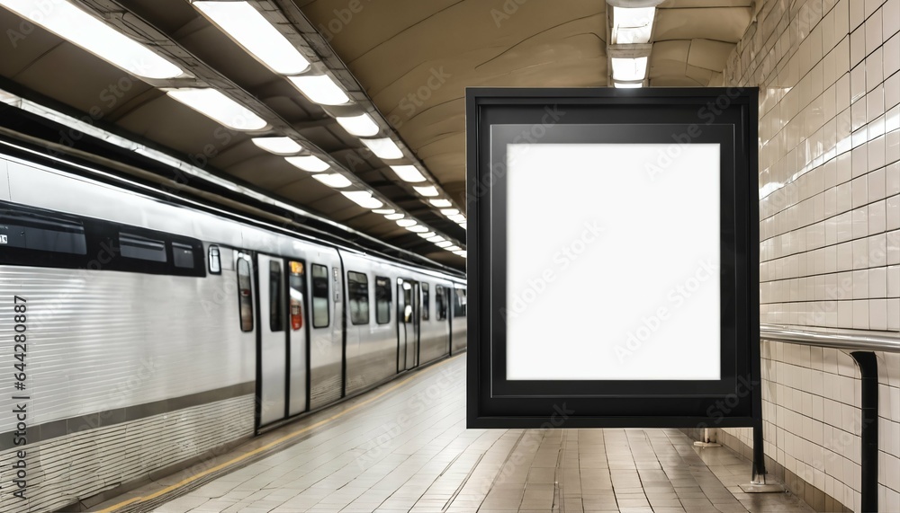 Subway station with blank white digital billboard black frame light box ...