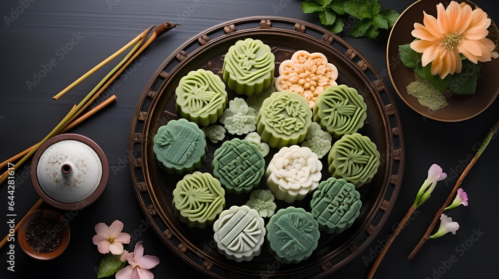 Traditional Chinese snow skin mooncakes for mid autumn festival with ...