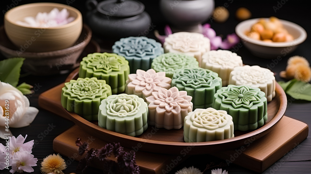 Traditional Chinese snow skin mooncakes for mid autumn festival with ...