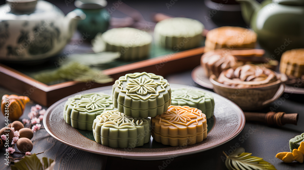 Traditional Chinese snow skin mooncakes for mid autumn festival with ...
