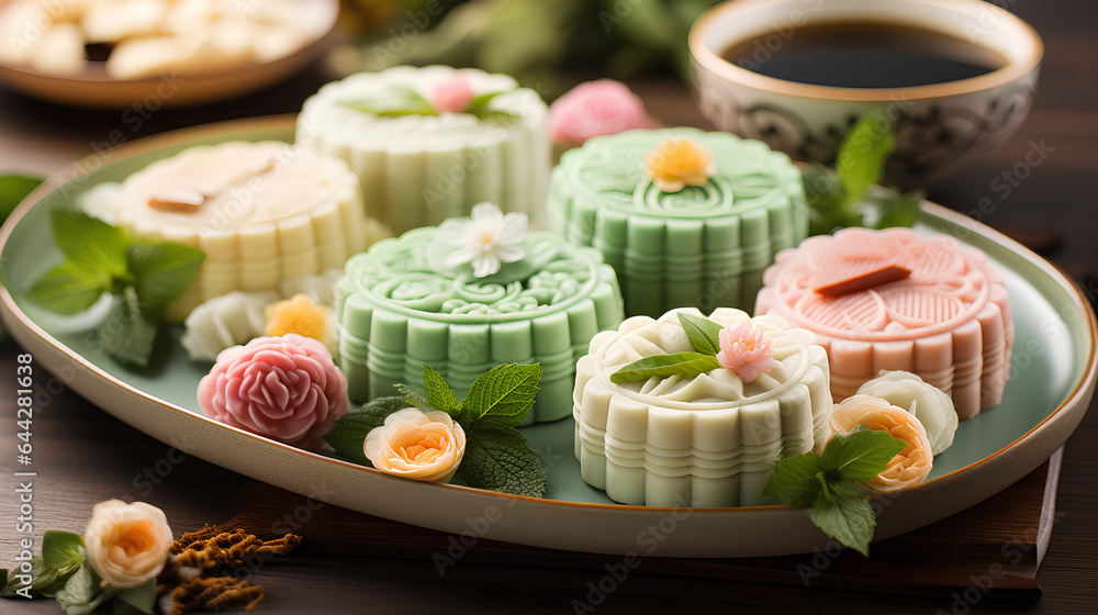 Traditional Chinese snow skin mooncakes for mid autumn festival with ...
