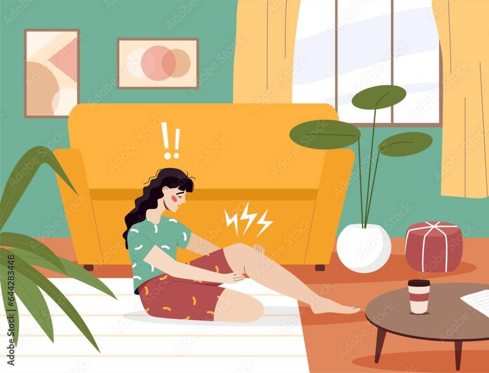 Woman with sick leg concept. Young girl with illness and diseases ...