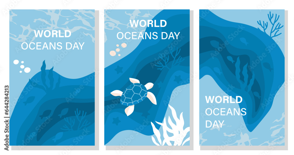 World oceans day posters set. Turtle in sea or ocean. Reducing release ...