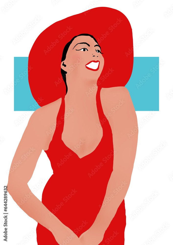 Femme souriante avec un chapeau et une robe rouge dessin couleur aplat ...