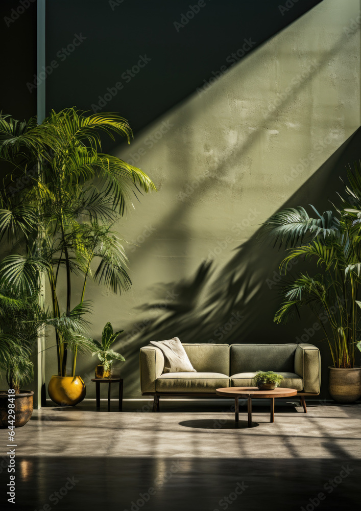 Minimalist tropical green interior living room, interior design space ...