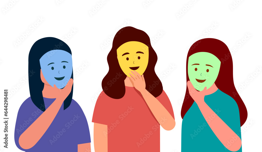 Women putting on social face mask with fake positive emotion to hide ...