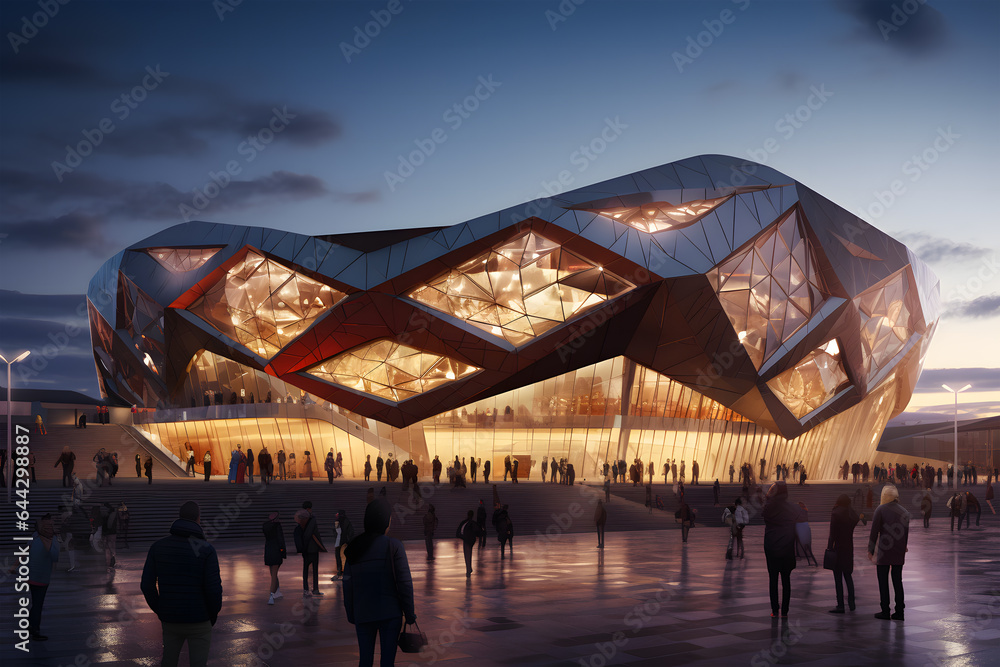 architectural design of a sports stadium arena soccer game. Night ...