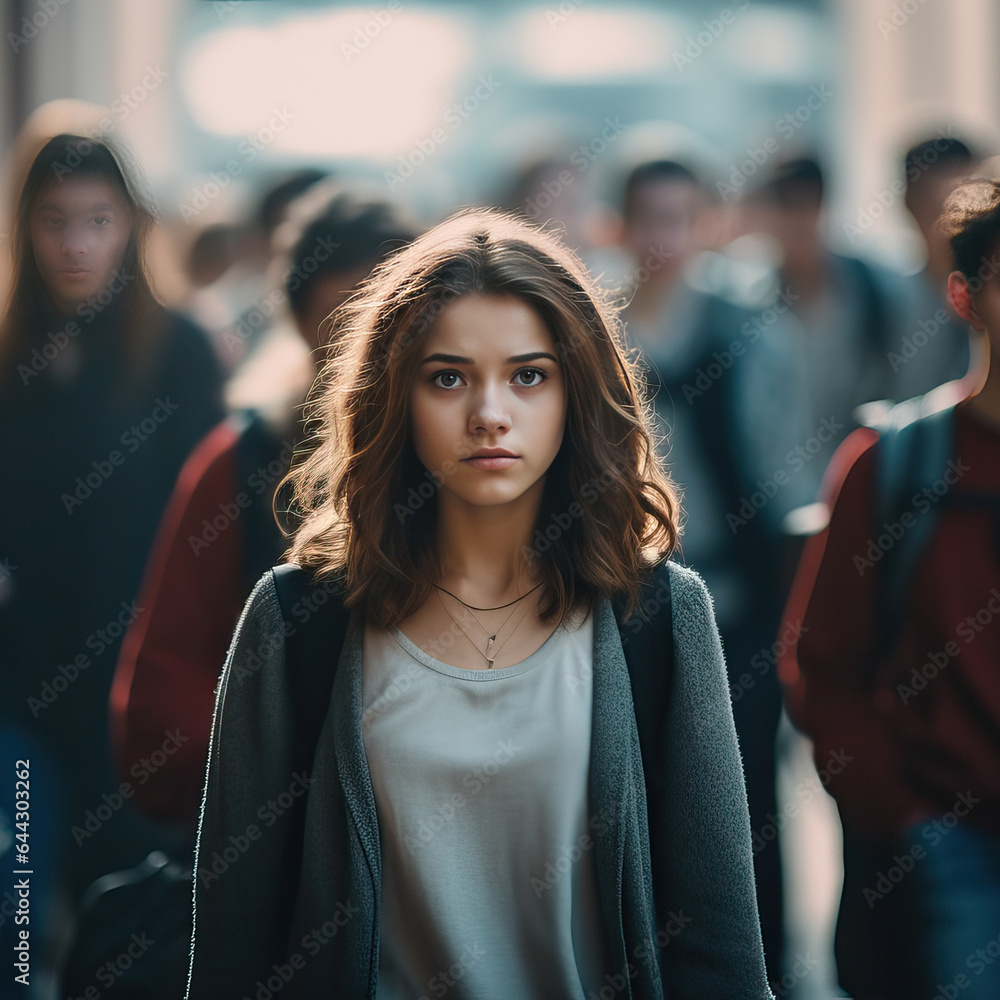 Female high school student standing alone among a crowd of other ...