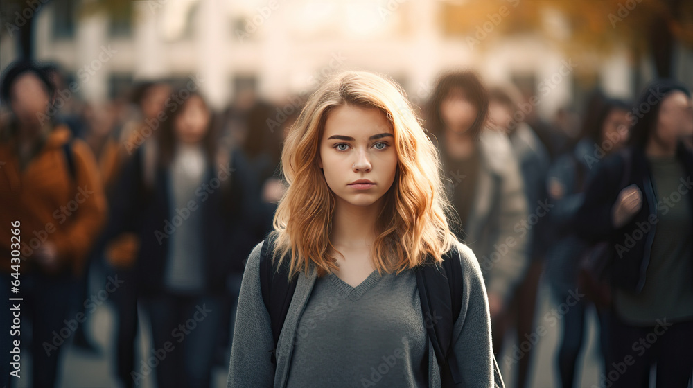 Female high school student standing alone among a crowd of other ...