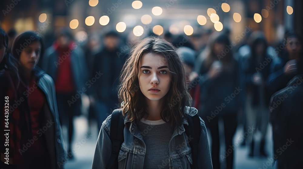 Female high school student standing alone among a crowd of other ...