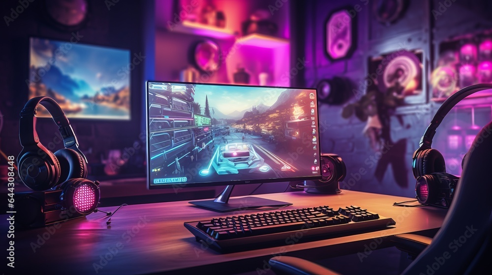 Handsome Gamer Guy Gaming On His Pc Computer Console With Keyboard Mouse And Headphones In Front