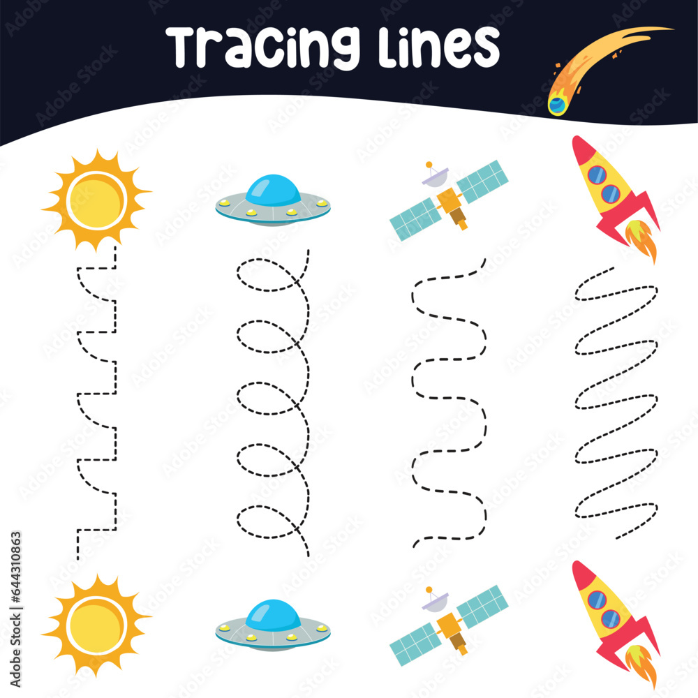 Tracing vertical lines activity with cartoon character of a cute ...