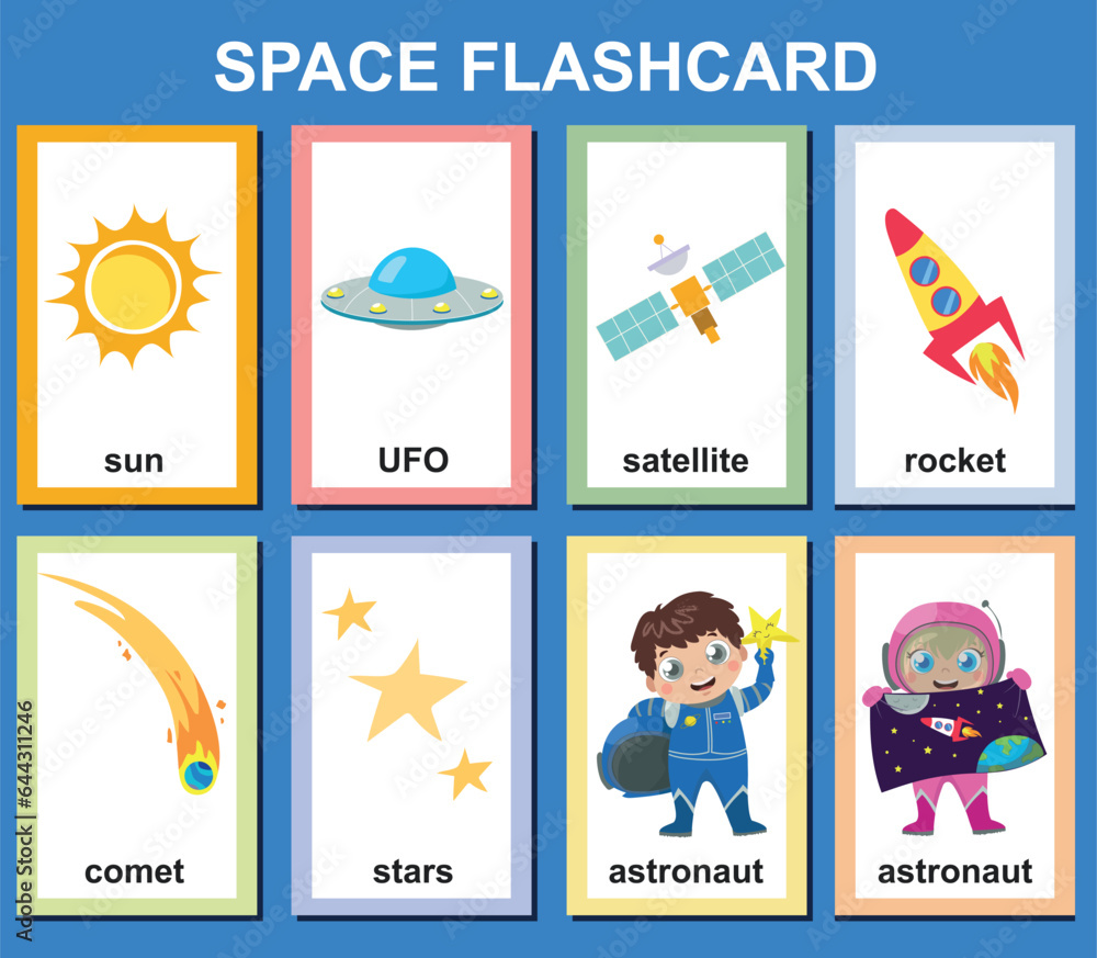 Vector Space flashcards set. English language game for kids with cute ...