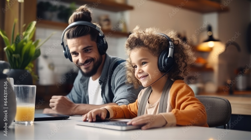 Dad and son in home with headphones are helping each other do homework ...