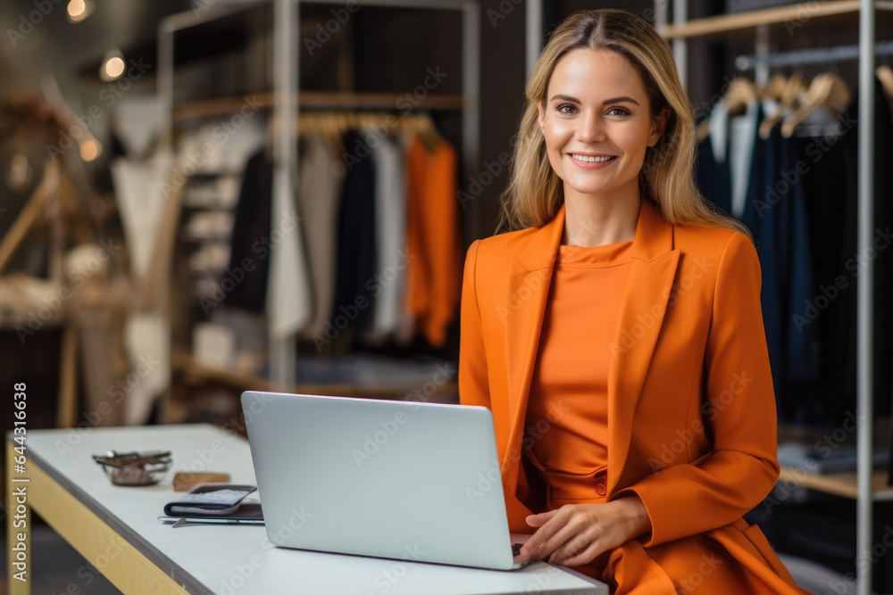 Woman is seated in front of laptop computer, focusing on screen. This ...