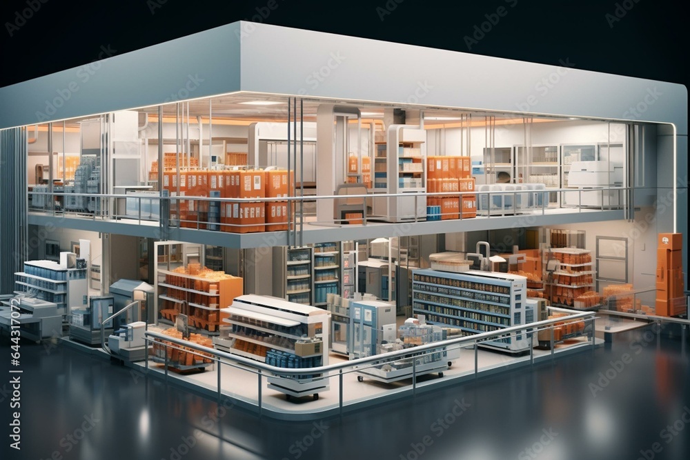 3D visualization of a factory featuring chilled compartments, shelving ...
