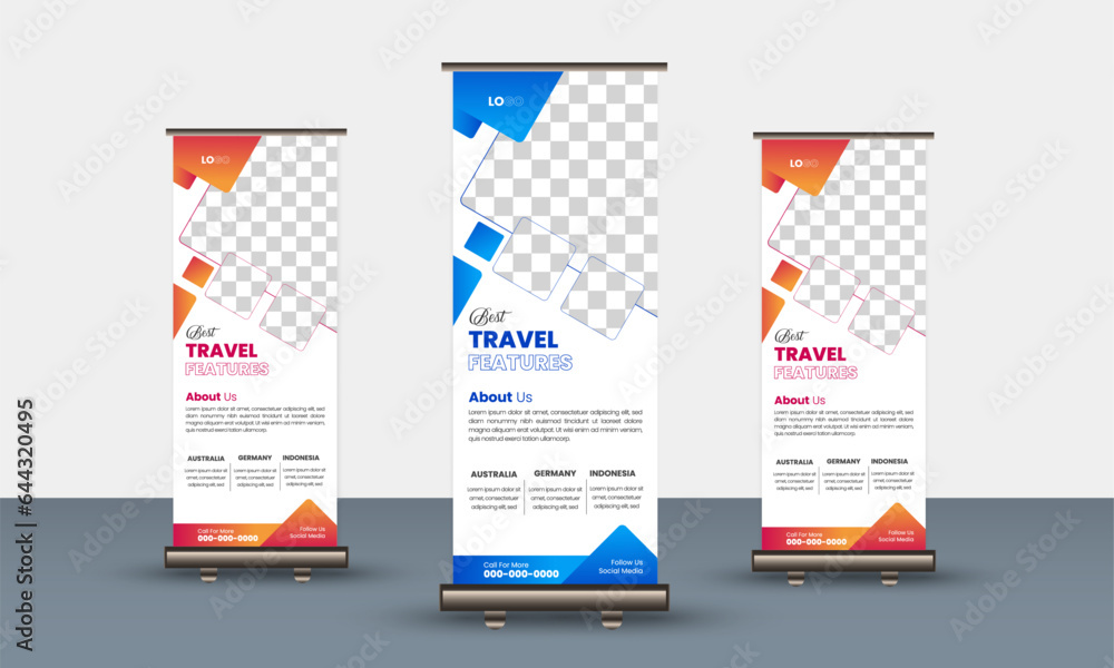 Travel Roll Up Banner stand. Presentation concept. Abstract modern roll ...