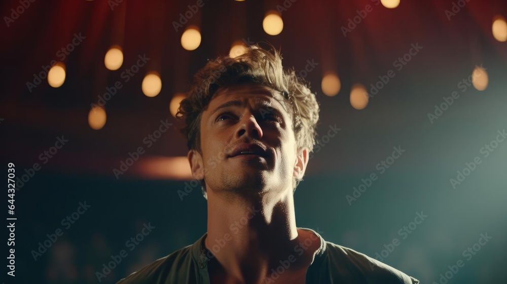Portrait of a male actor on a theater stage immersing hisself in ...