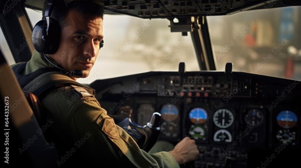 Portrait of a male pilot in his pilot's uniform meticulously preparing ...