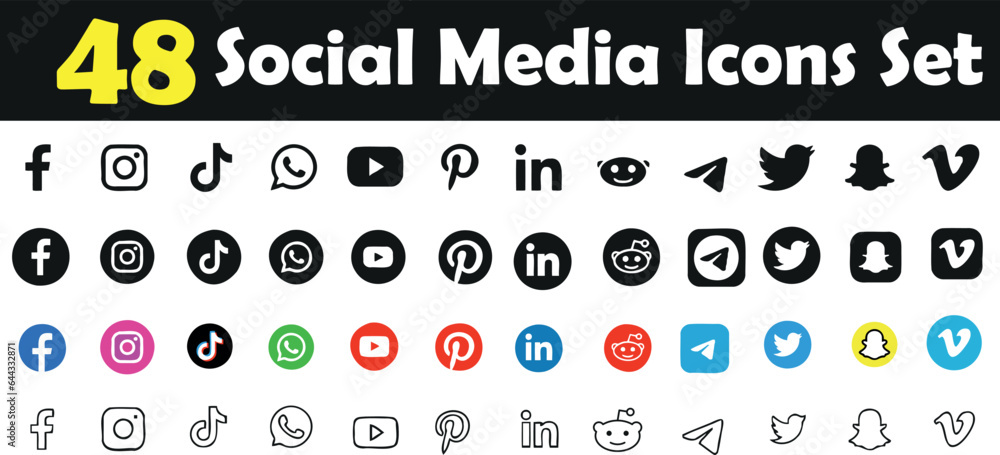 Social media icons set vector illustration with 48 popular platforms ...