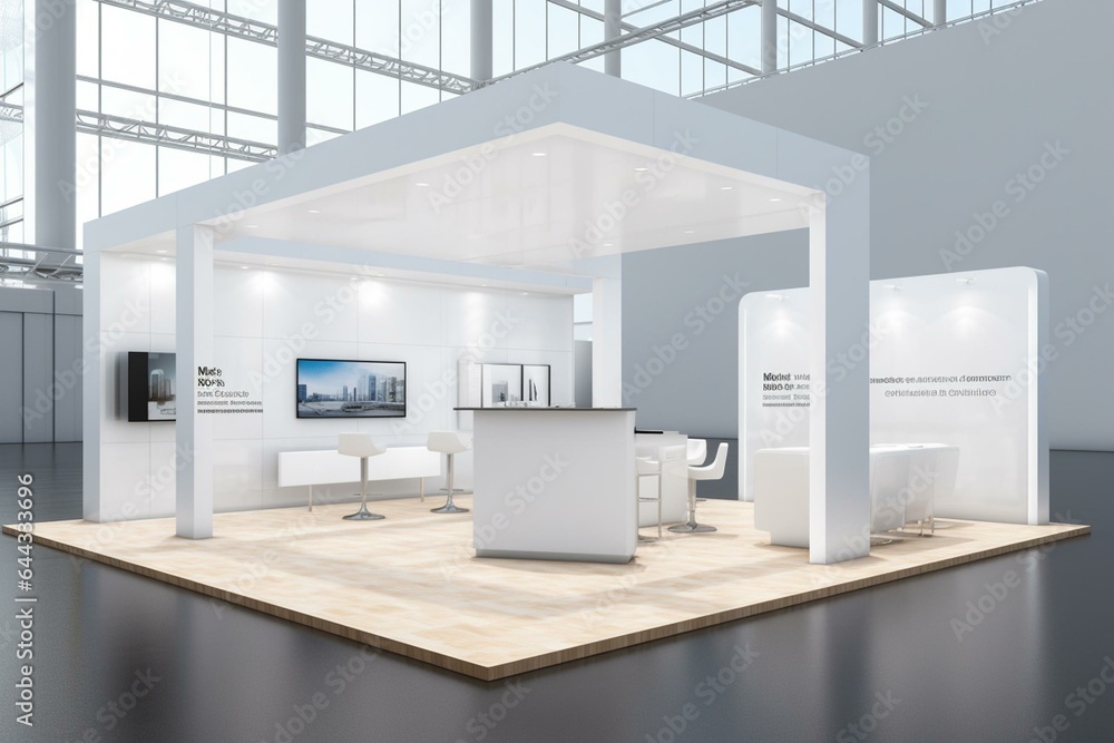 A 3D design of an empty trade show booth in a white office setting ...