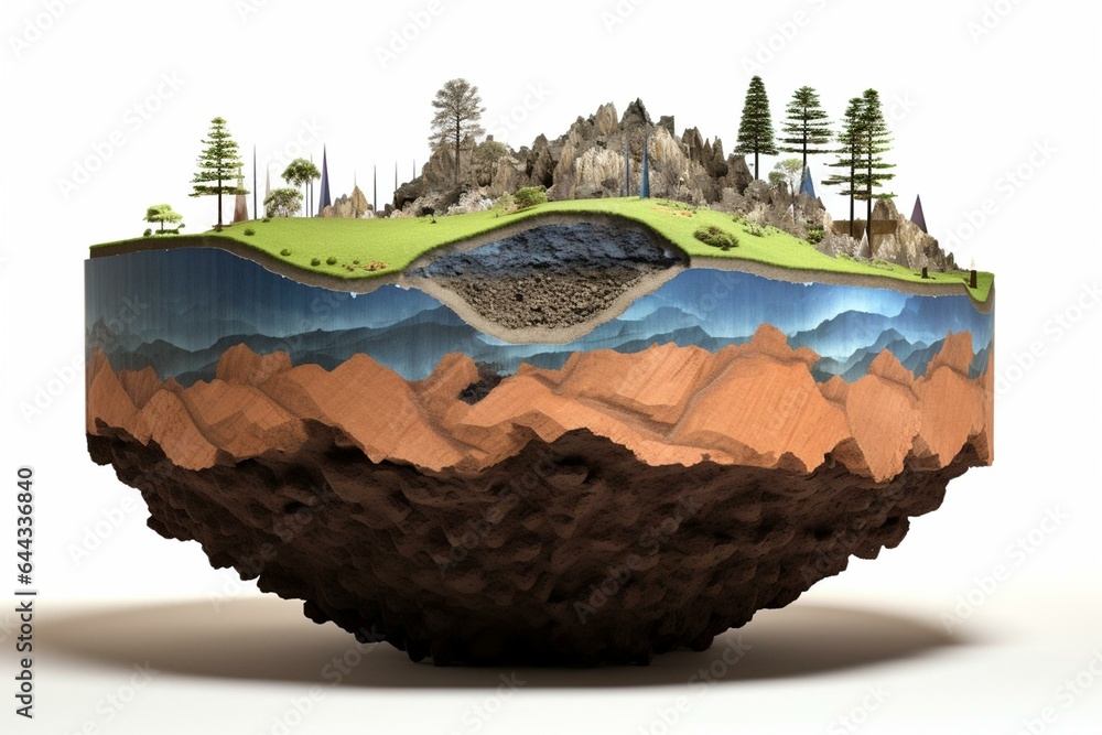 3D soil cross section with earth, round cutaway, rocks isolated ...
