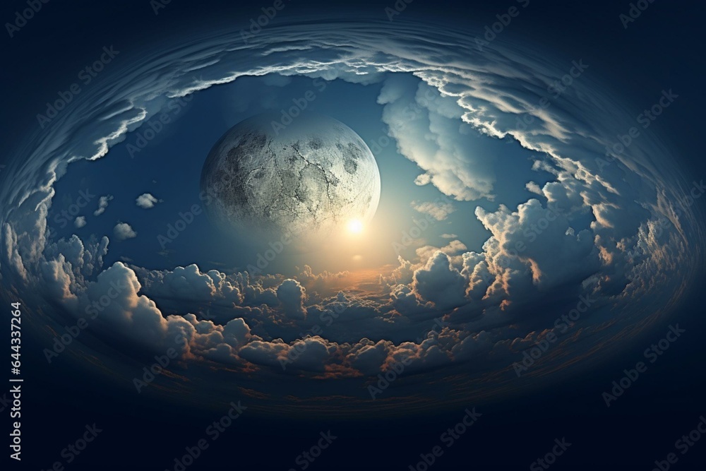 Dark sky with thunderstorm clouds and a bright moon in a 360-degree ...