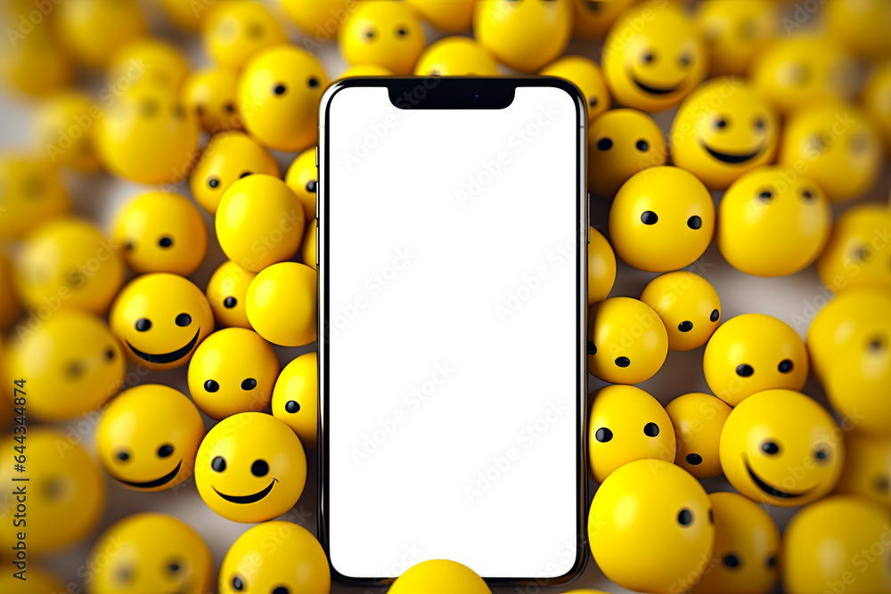 Smartphone in a sea of yellow smiley emojis. Concept of social media ...