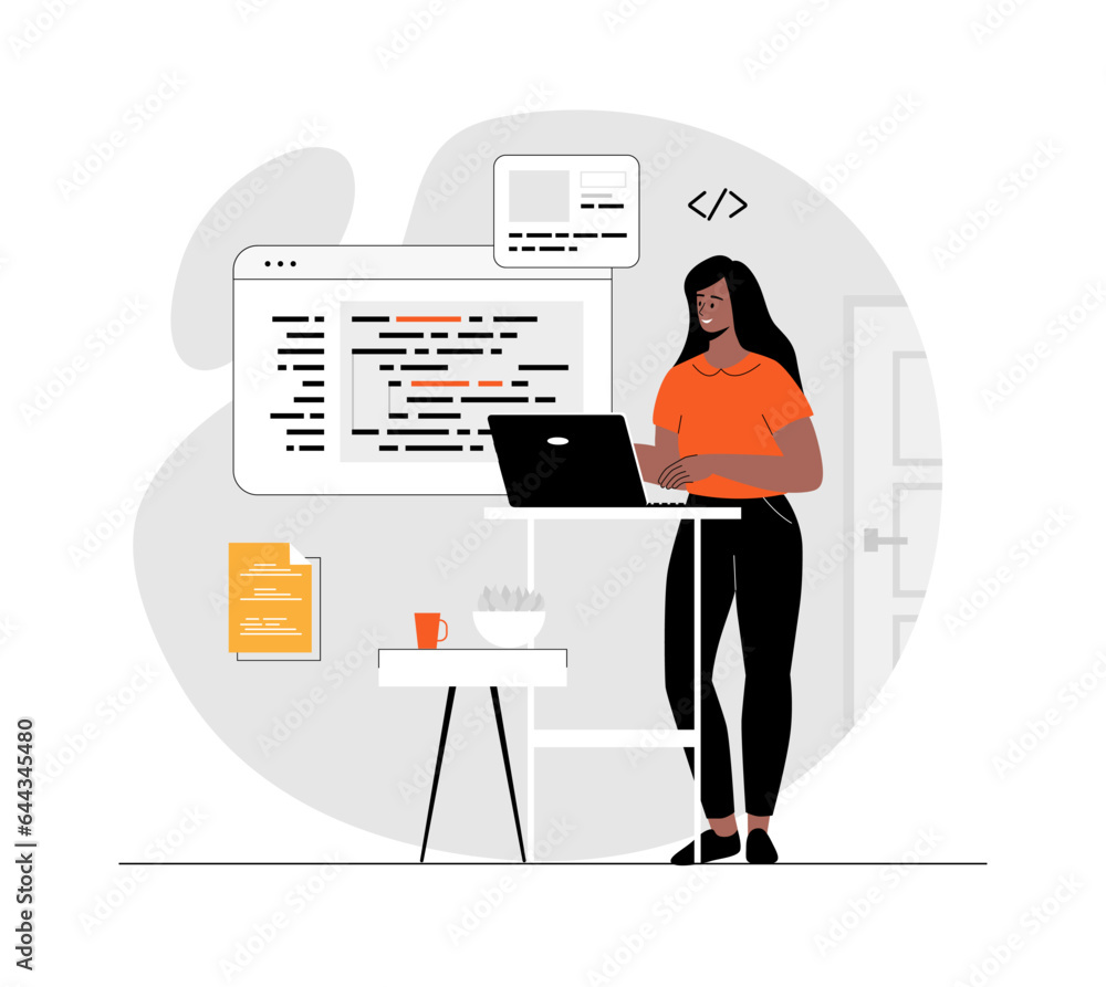 Backend development coding and programming. Woman write, test and ... Backend development coding and programming. Woman write, test and ...