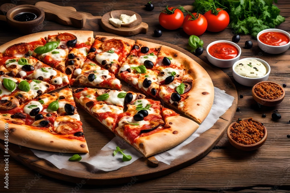 Shawarma pizza with mozzarella cheese, baked on a wood-burning oven ...