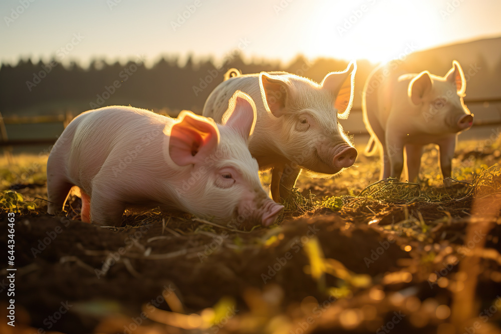 Organic Farm Bliss Happy Pigs Grazing in a Lush Meadow on a Sustainable ...