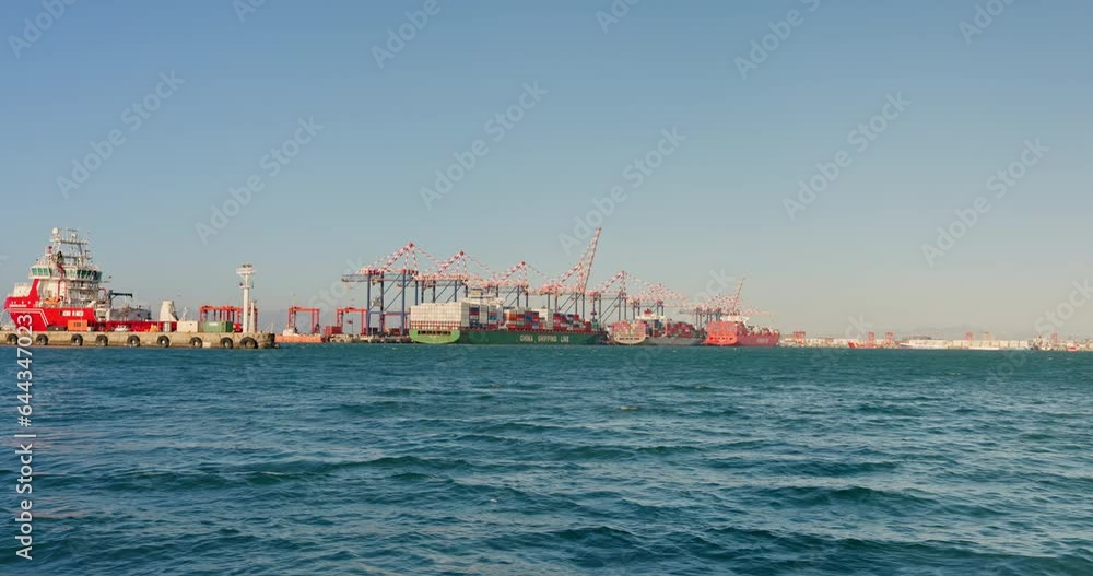 Harbor, ship and ocean for transport delivery with boats for shipping ...