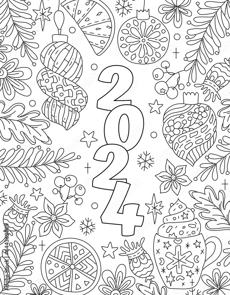 Hand drawing coloring page for kids and adults. Holiday greeting card ...
